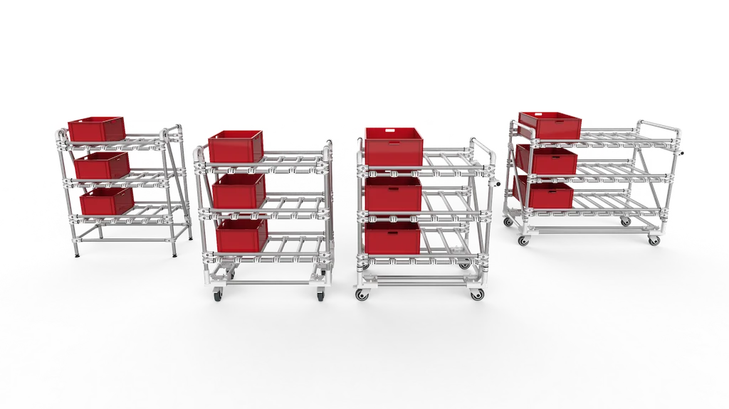 Fully modular carts with flanges for totes, bins, cartons and containers