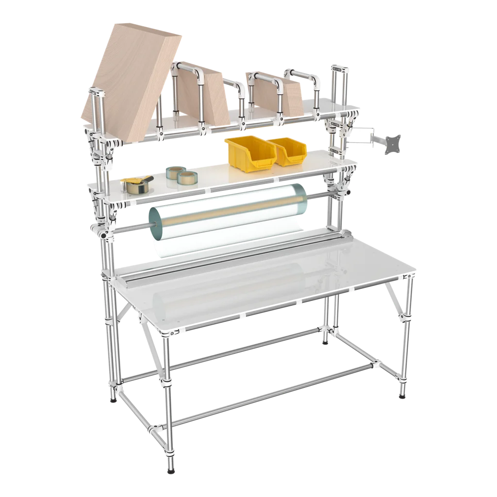 Packing station with screen holder and vertical storage