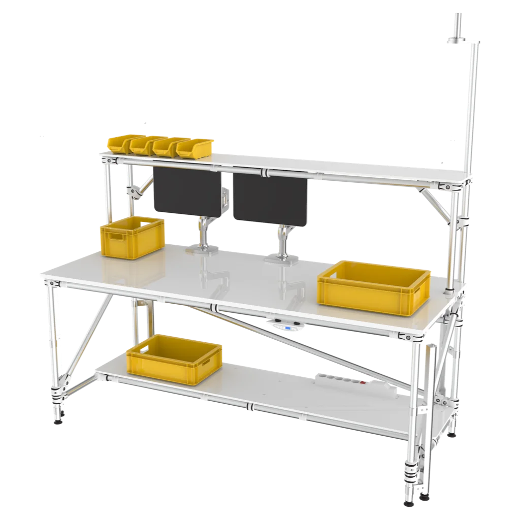 Assembly workbench with height adjustment device